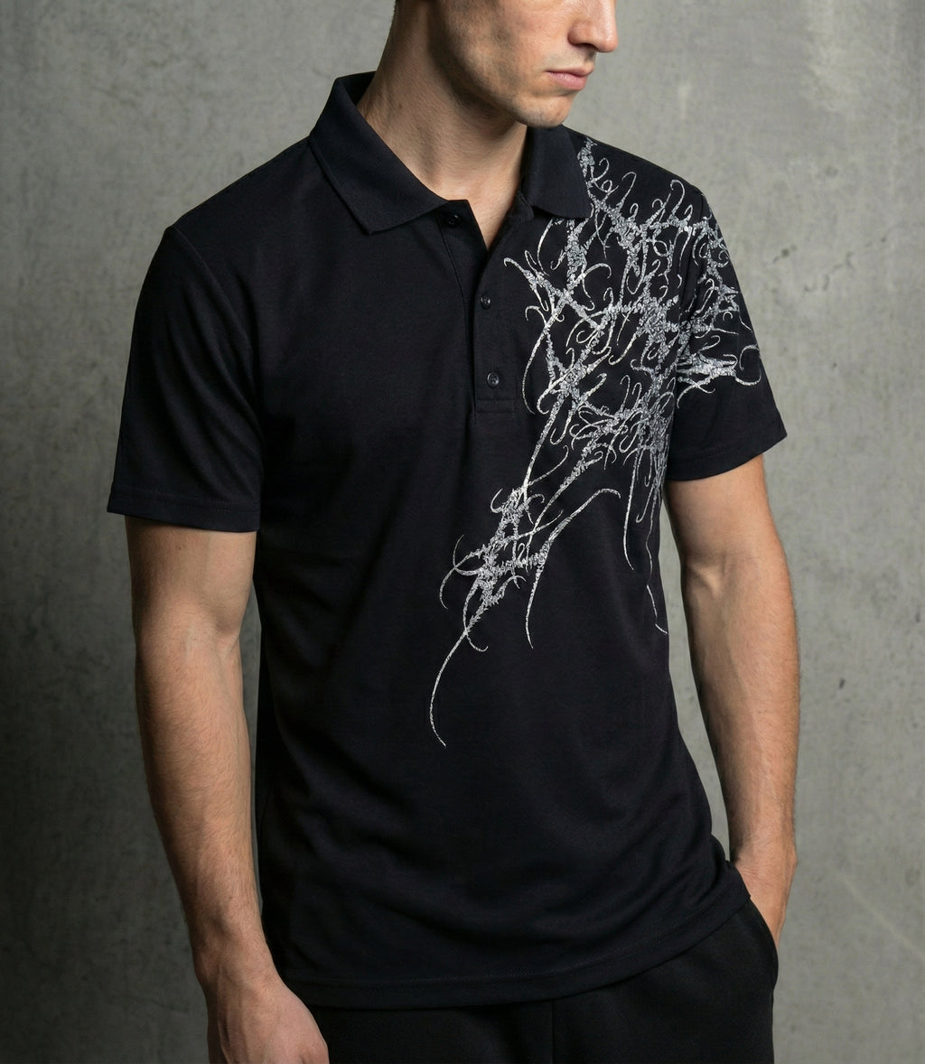 DUG FIT "Tribal Sigil" Cyber-Grunge Grafik Baskılı Polo Tişört – DugFits